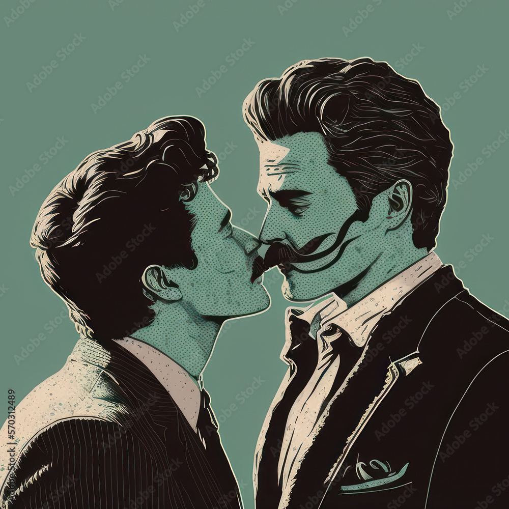 Fotografia Beso entre dos caballeros con excentricos bigotes, creada ...