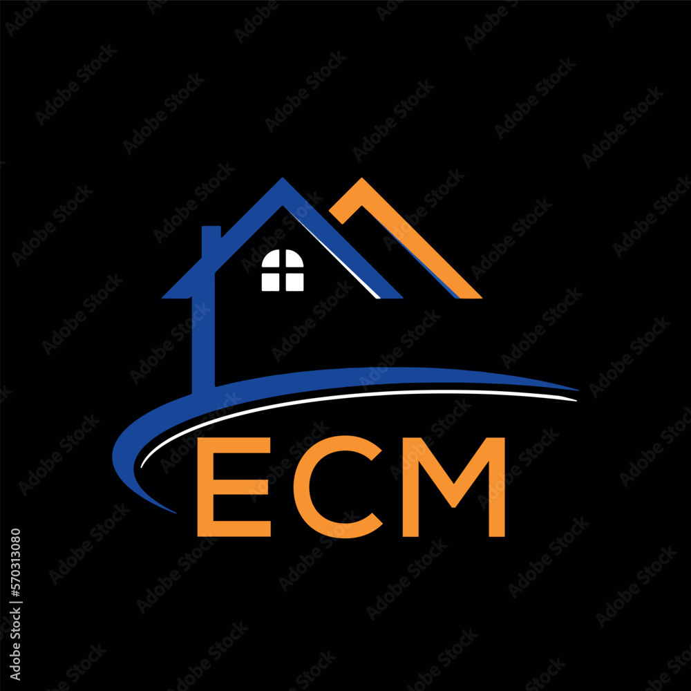 ECM house logo, letter logo. ECM blue image on black background and ...