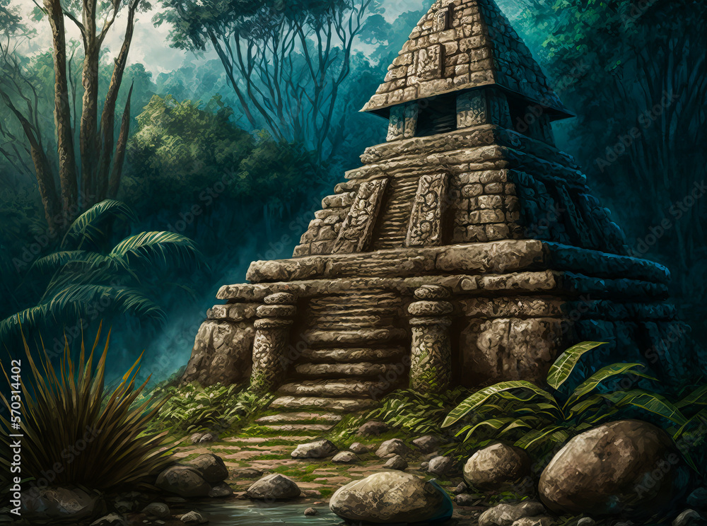The temple pyramid rises in the middle of the pre-Columbian jungle ...