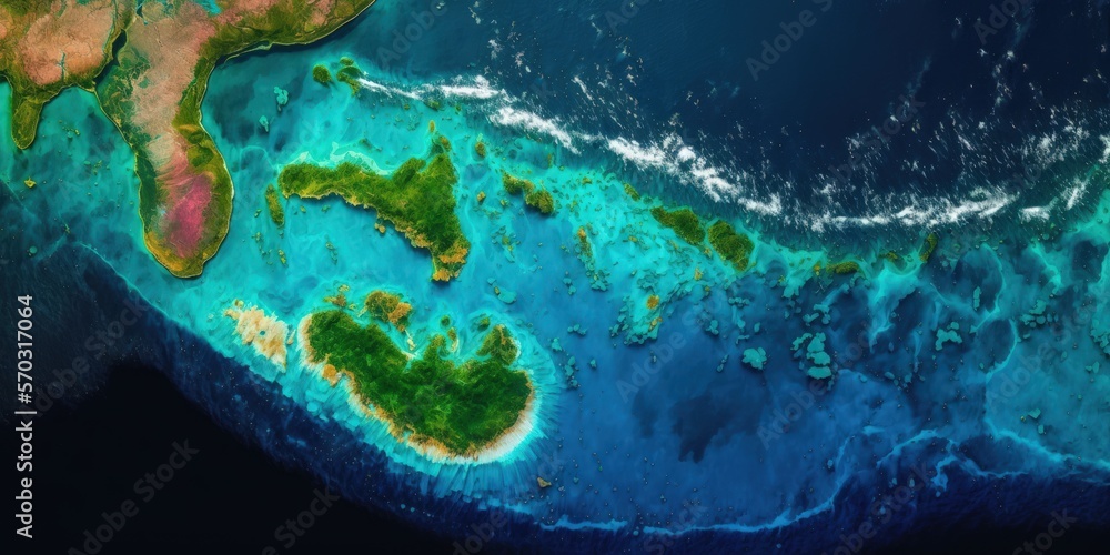 Sea in global satellite image, blue ocean seen from above. Tropical ...