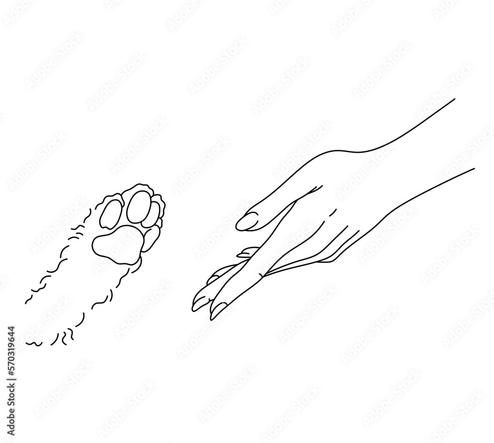 Vector isolated one single human hand reaches for the cat paw with pads ...