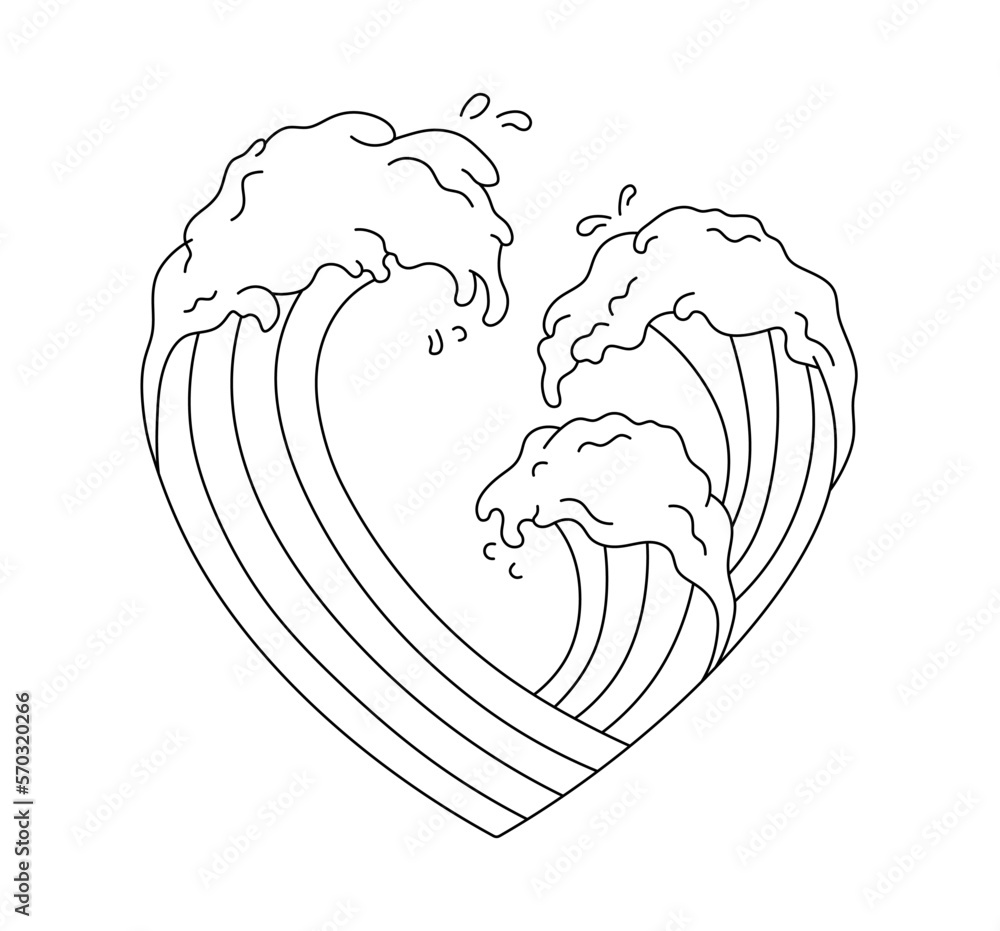 Vector isolated three high waves heart shape colorless black and white ...