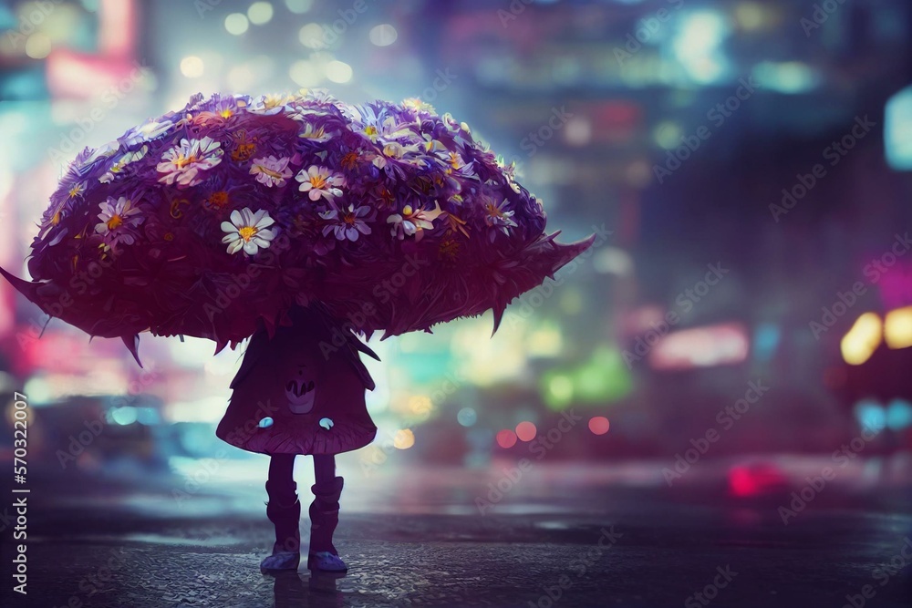 Cute and sad alien monster with flowers sitting on the street of a big ...