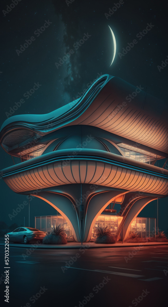 the exterior of a restaurant with a futuristic facade. A futuristic ...