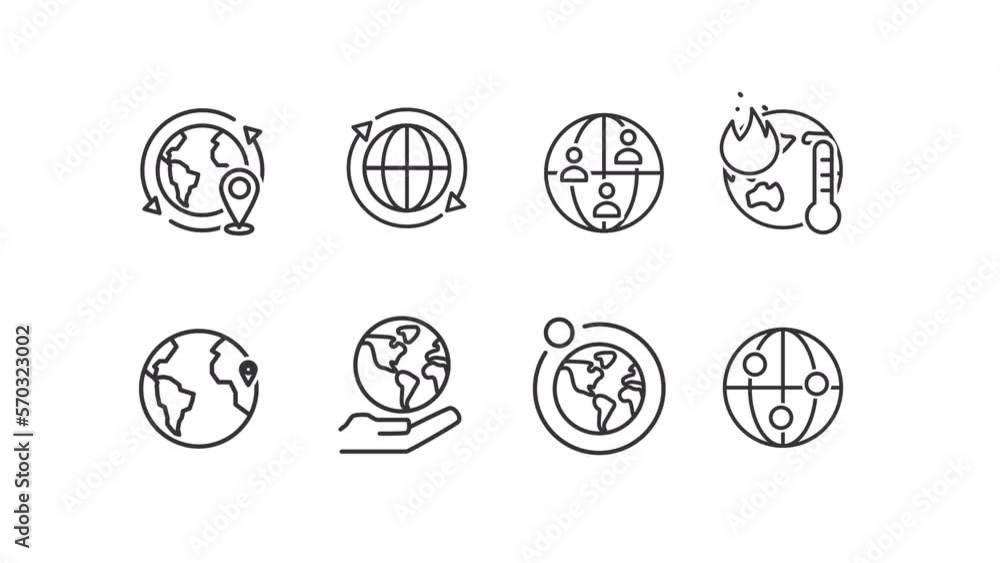 Animated globe linear icons. Online communication. World travelling ...