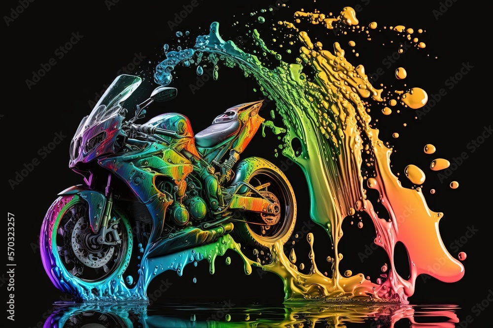 Rainbow-Splash Action Painting: Motorcycle Sitting in the Water ...
