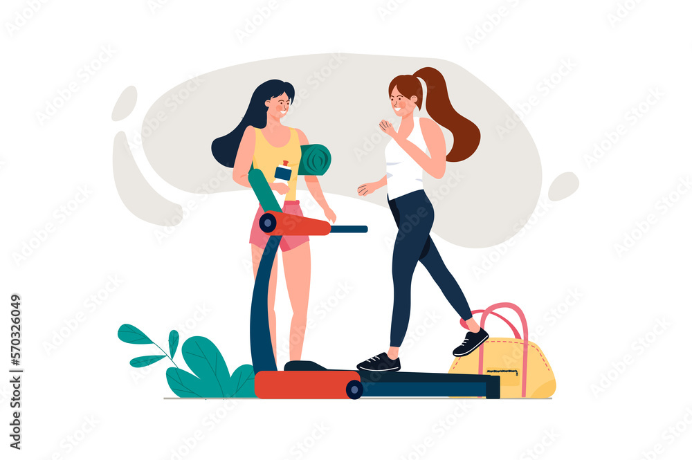 Fitness concept with people scene in the flat cartoon style. Two woman ...