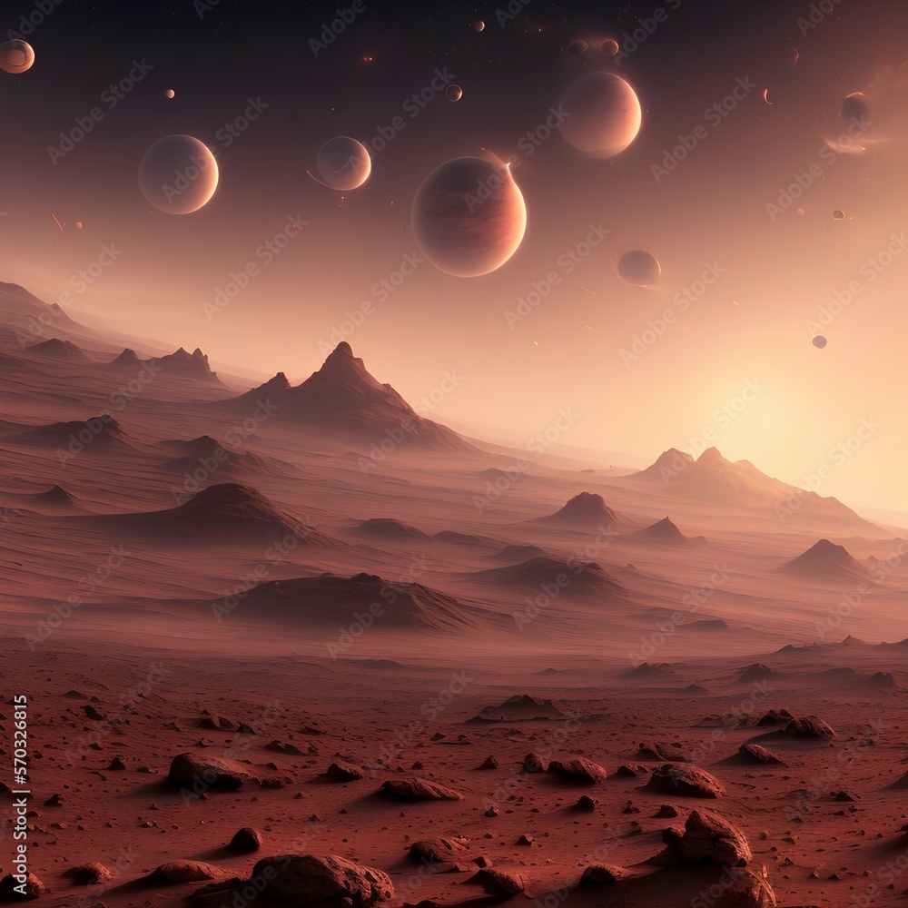 Mars surface landscape, alien planet background, Saturn on starry sky ...