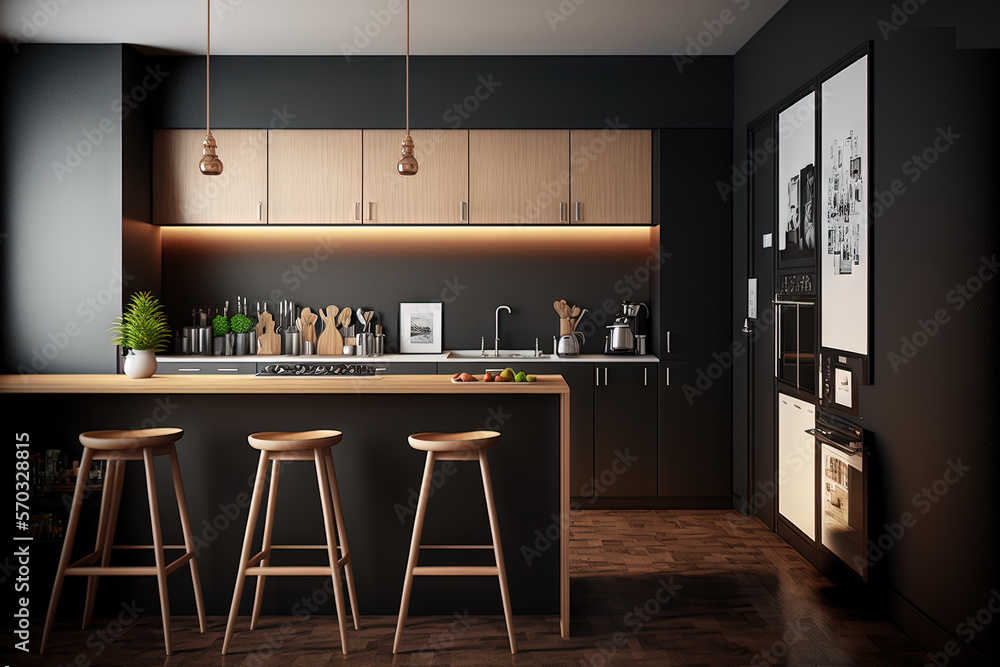 A dark kitchen with a bar and light wood furniture is shown up close. A ...