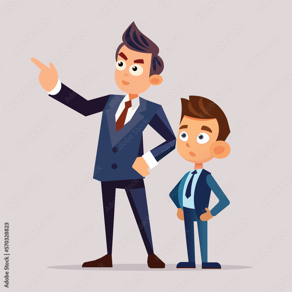 flat style illustration of a funny cartoon manager teaching a junior ...