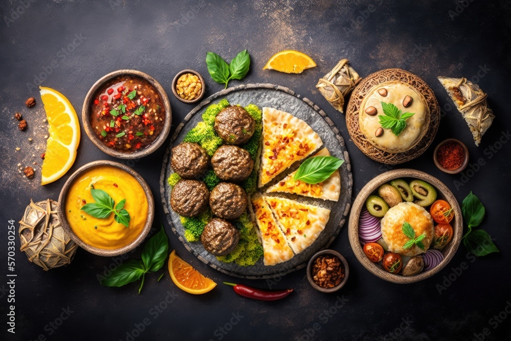 Middle eastern or arabic dishes and assorted meze on concrete rustic ...