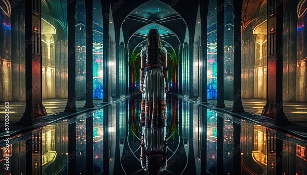 a woman walking on weird mesmerize way in mirror maze room, idea for ...
