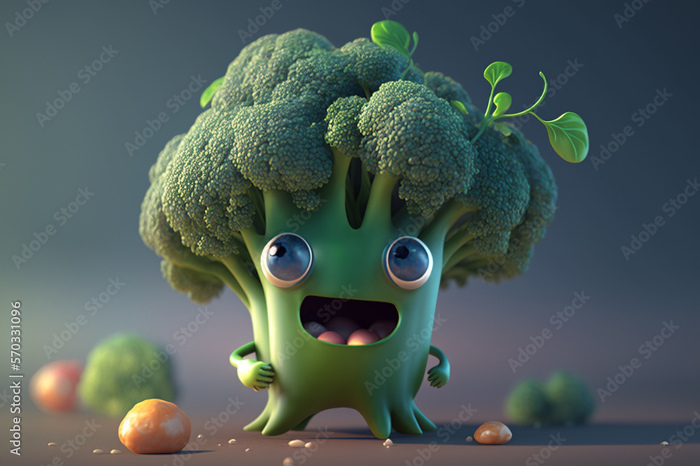 Cartoon broccoli with a happy face surrounded by other broccoli ...