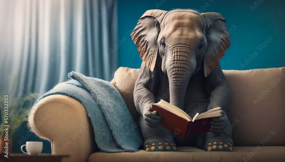 elephant reading book on sofa, learning and knowladge concept ...