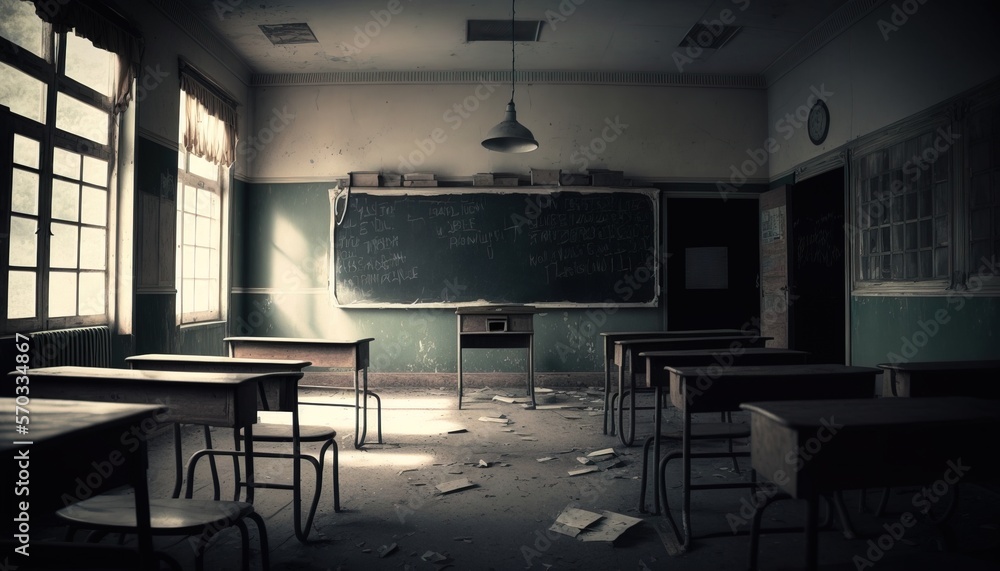 Classroom in an abandoned school with a blackboard in the background ...