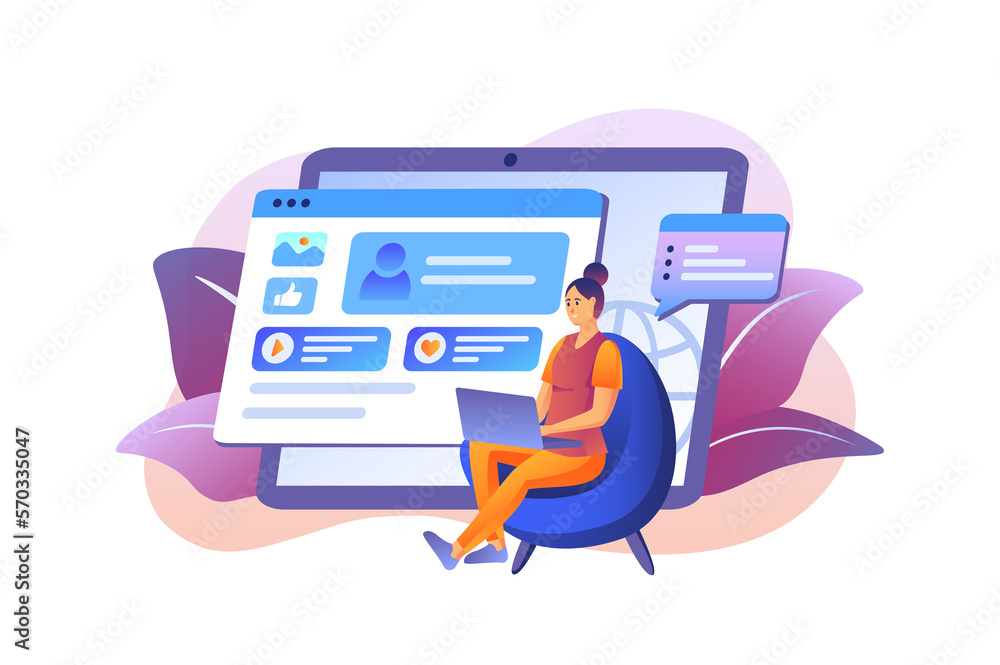 Social networks violet gradient concept with people scene in the flat ...