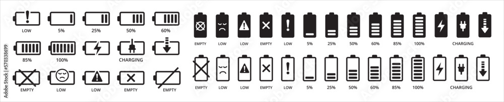 Battery icon set. Battery capacity icon. Battery percentage level signs ...