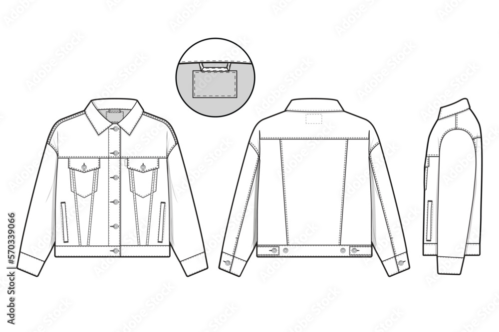 Women regular fit denim jean jacket trucker vector flat technical ...