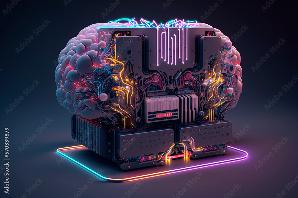 digital artificial intelligence brain with neural connections to a processor and microchips ...