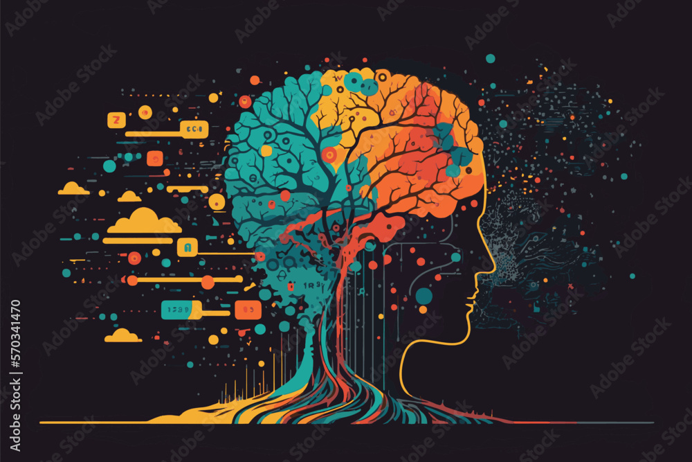 2D flat illustration, AI, analysis, AI, automation, big data, brain ...