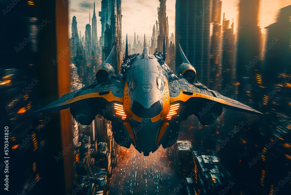 Illustration of an aerial battle with a spacecraft flying over a ...