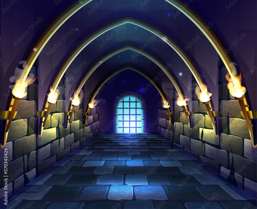Vector cartoon style illustration. Old medieval castle dungeon hall ...