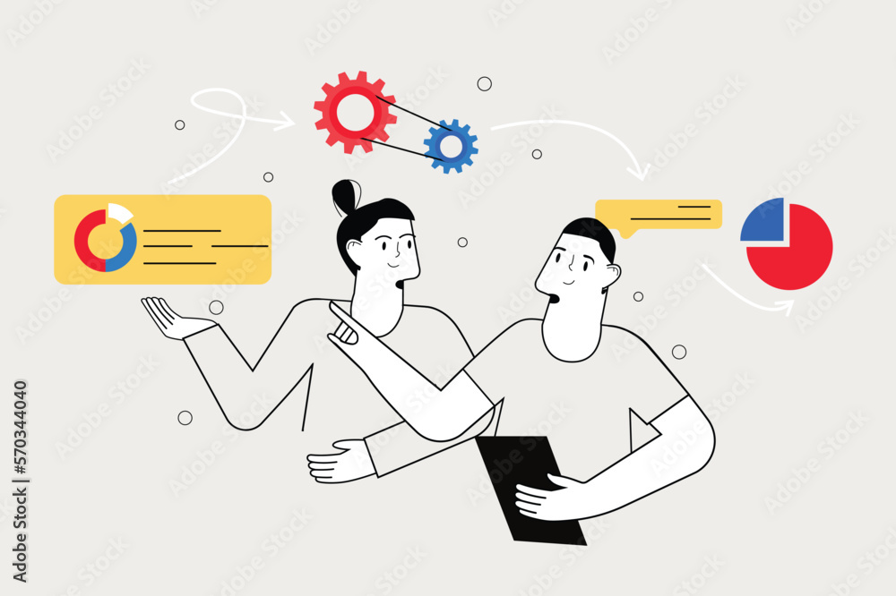 Teamwork line concept with people scene in the flat cartoon design. Two ...