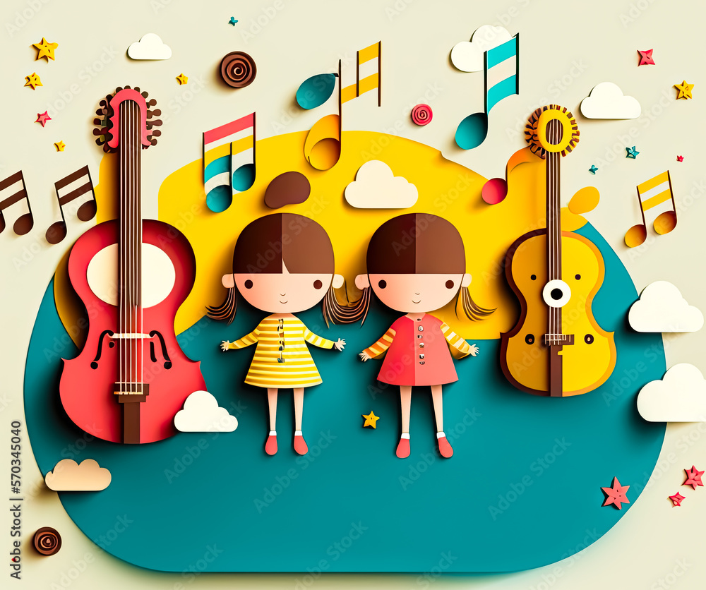 Children Playing music in Music School Paper cut Banner, Poster ...