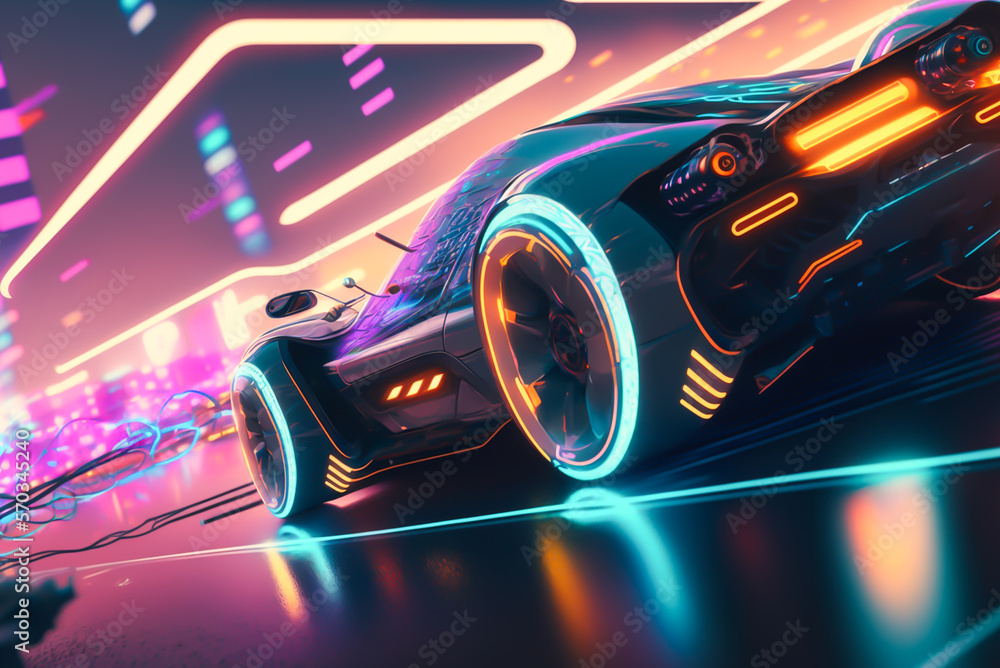speedway with riding sport car in futuristic night city with neon ...