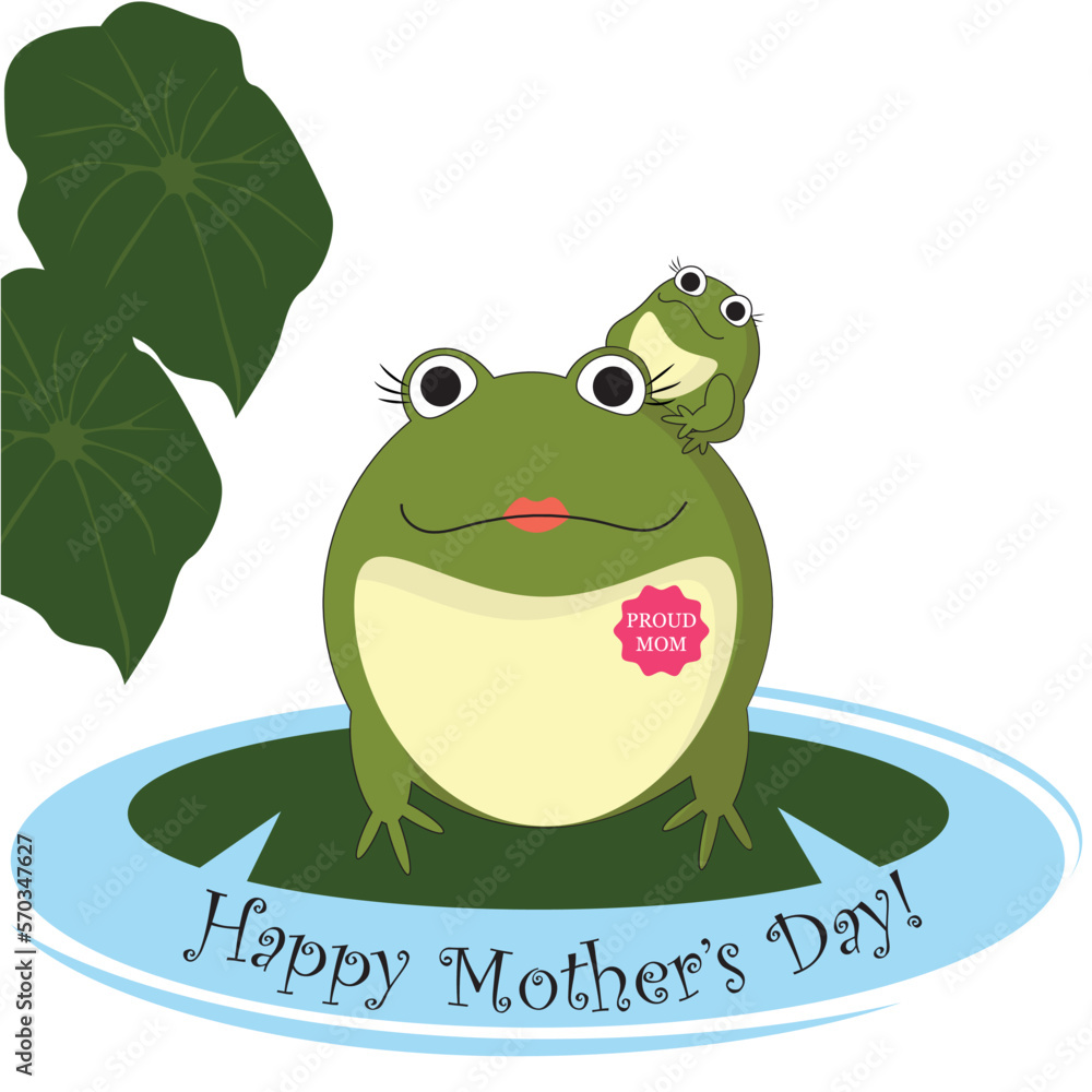 Mother’s Day illustration of cute Mom and Baby Frog sitting on lily pad ...