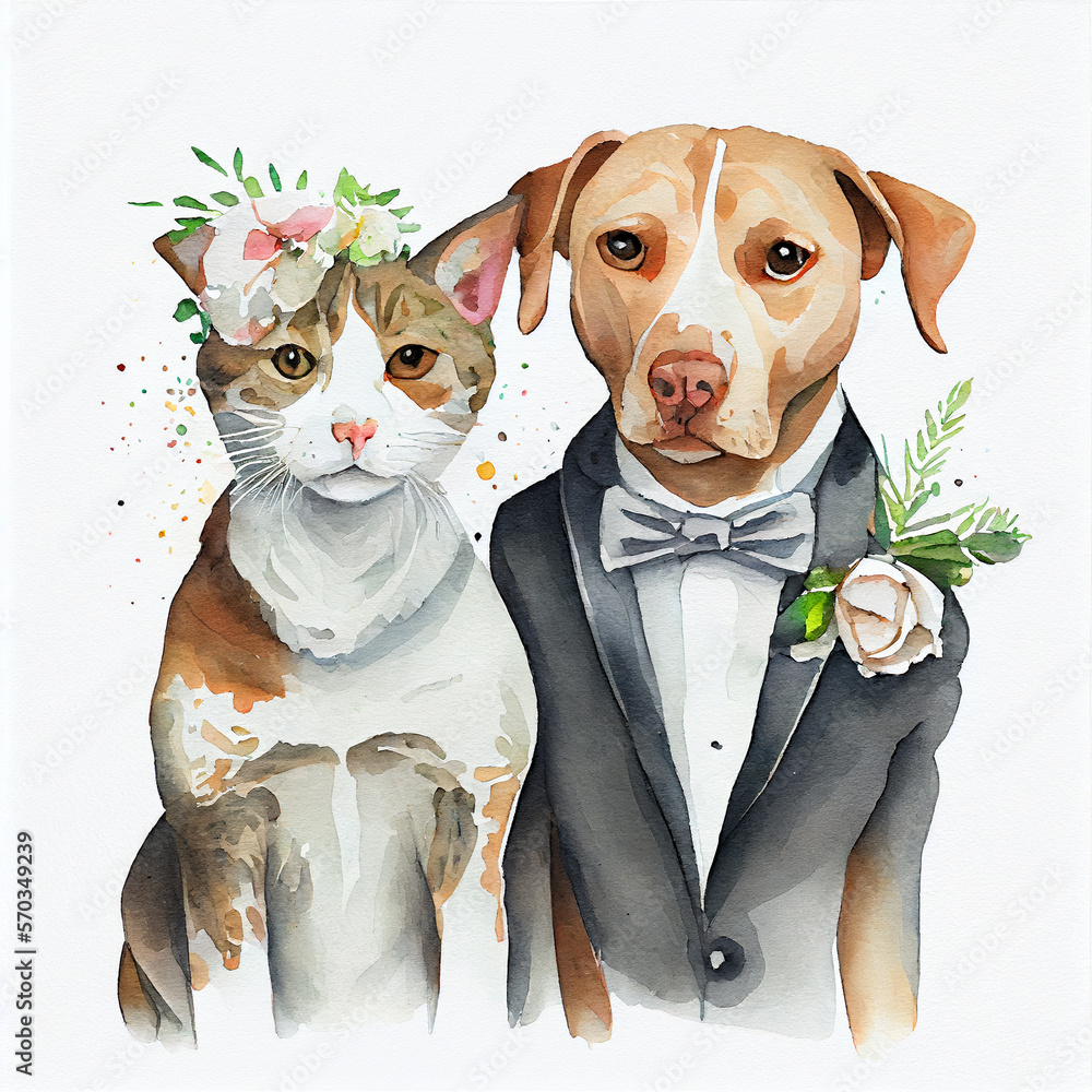 wedding portrait: cat as a bride and dog as a groom, watercolor art ...