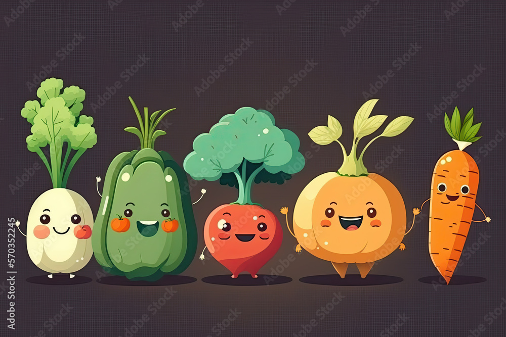 Colorful set of cartoon vegetable characters. Cabbage, cucumber, carrot ...