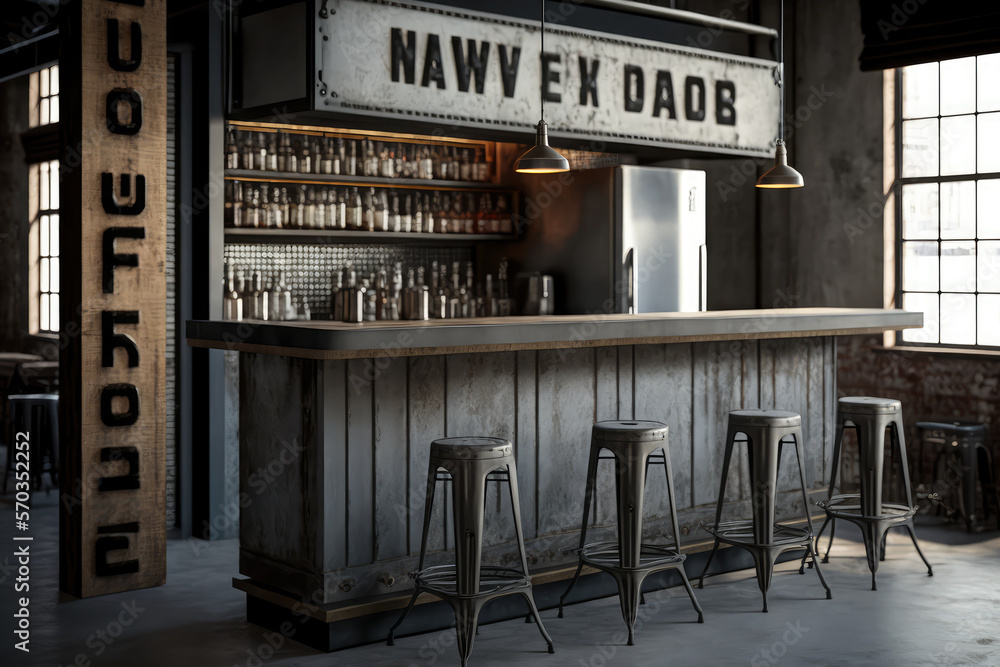 Industrial style bar with concrete countertops and metal accents ...
