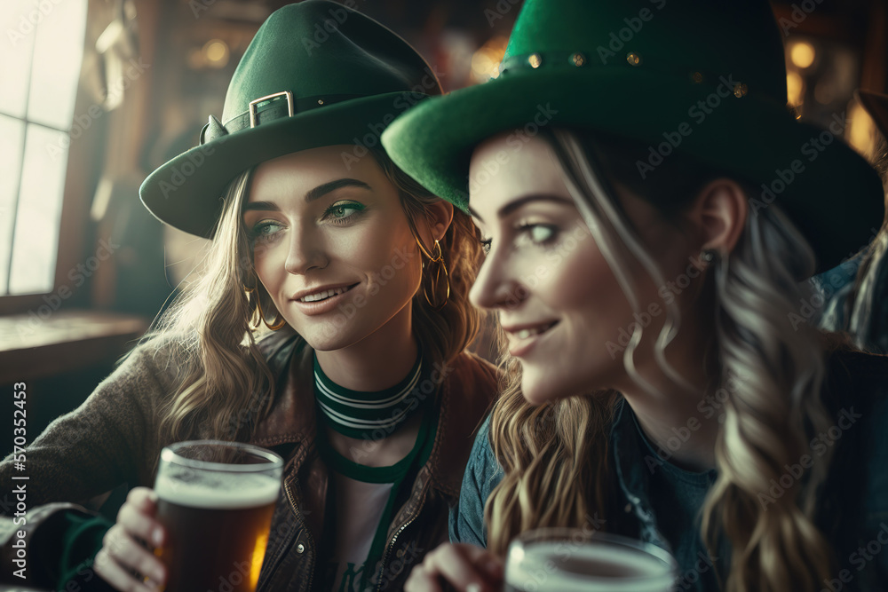Two young women friends wearing leprechaun hats drinking beer in a pun. St. Patrick's Day ...
