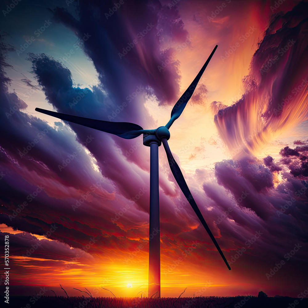 AI generative of Wind turbine against sunset sky, its energy is cost ...