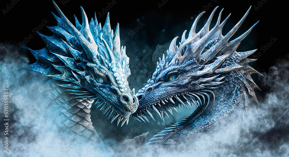 Beautiful nesting pair of blue Ice dragons, ice and fire close up head images of mythical ...