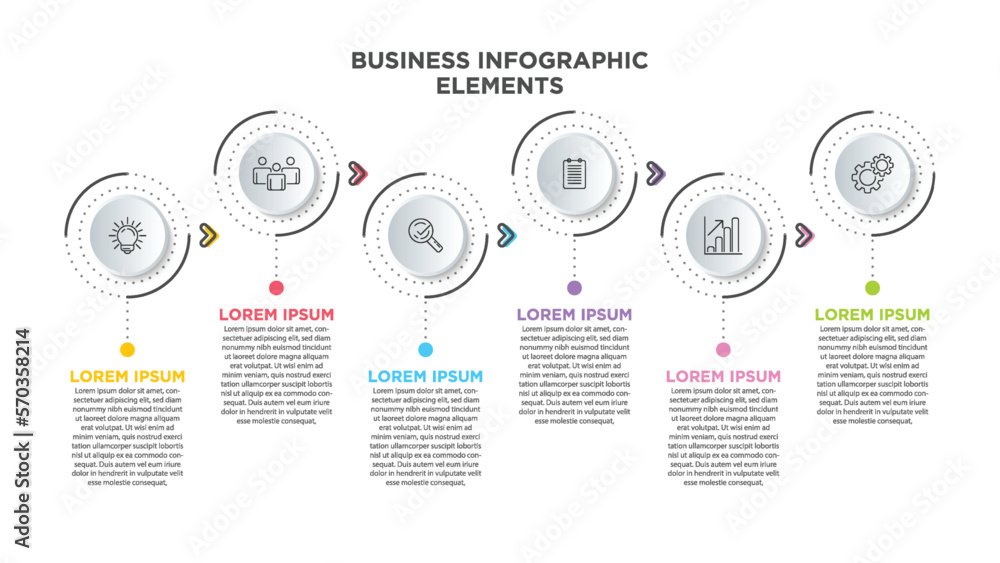 Business 6 step process chart infographics with step circles. Simple ...