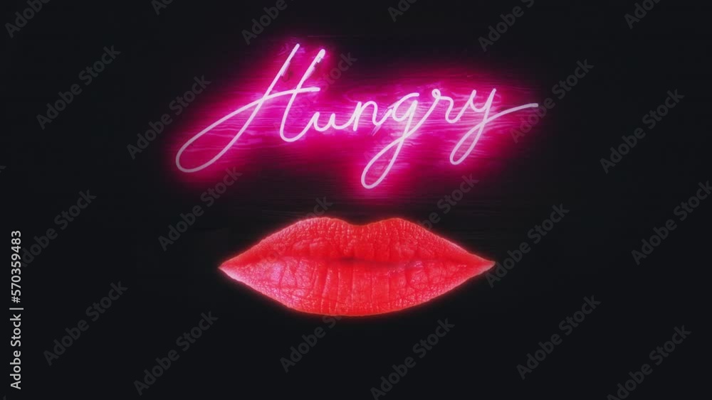 Hungry Neon Lights Sign Female Mouth Red Lipstick Chewing Food. Mouth ...