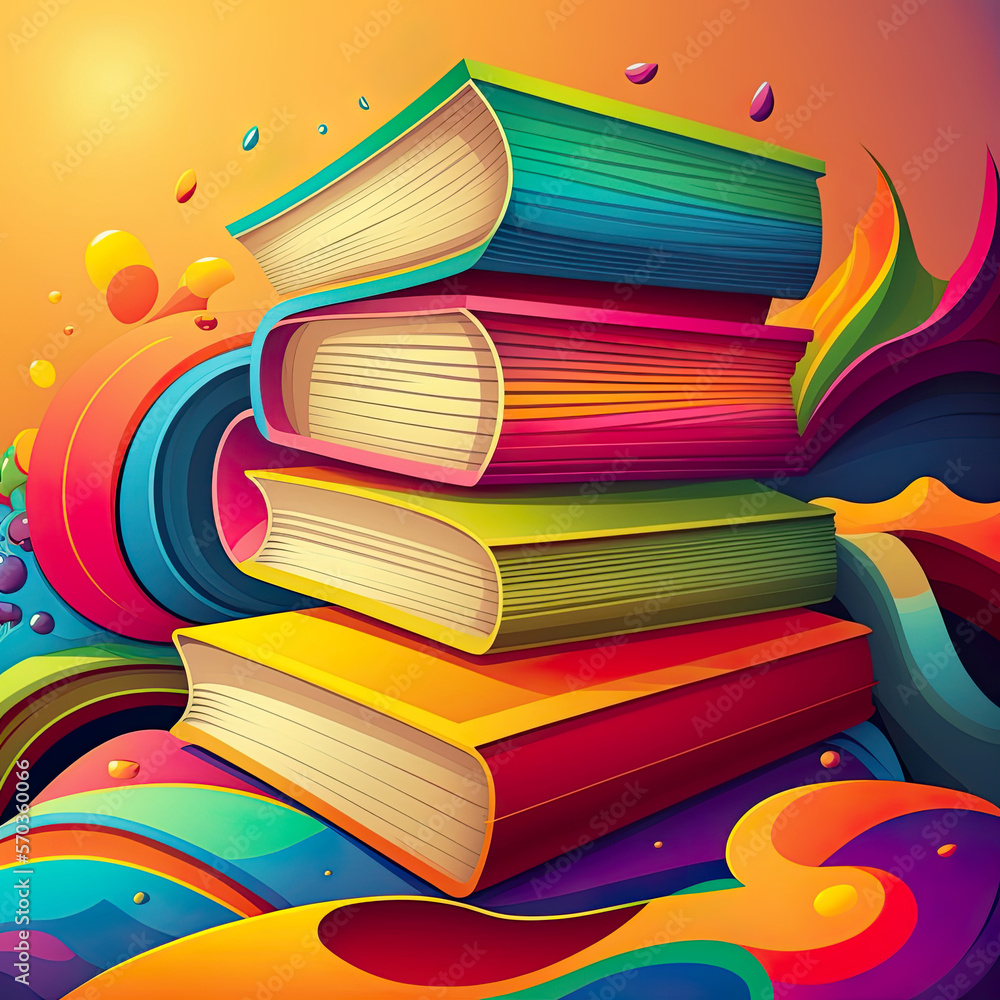 Colorful stacked books background in cartoon style. Generative AI Stock ...