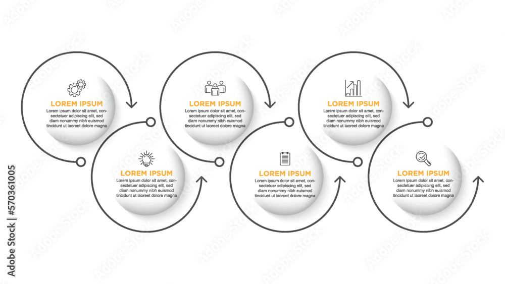 Business 6 step process chart infographics with step circles. Simple ...