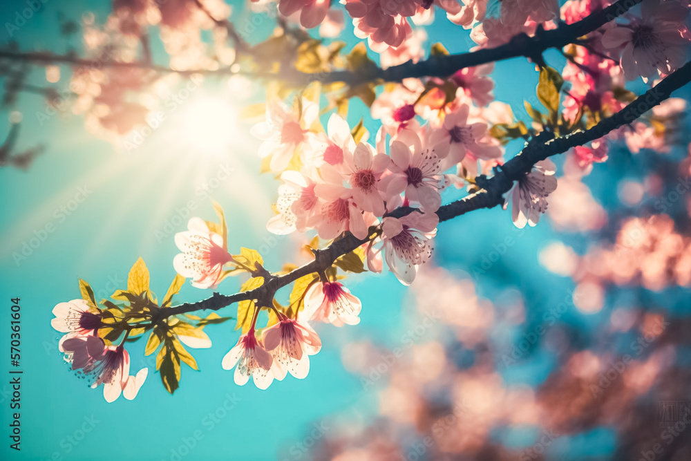 Branches of Spring Cherry Blossom against background of blue sky ...