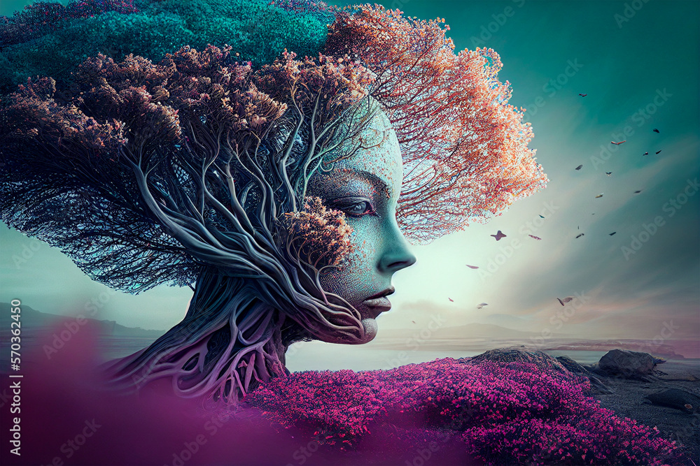 nature landscape of woman face, portrait of lady. surreal painting ...