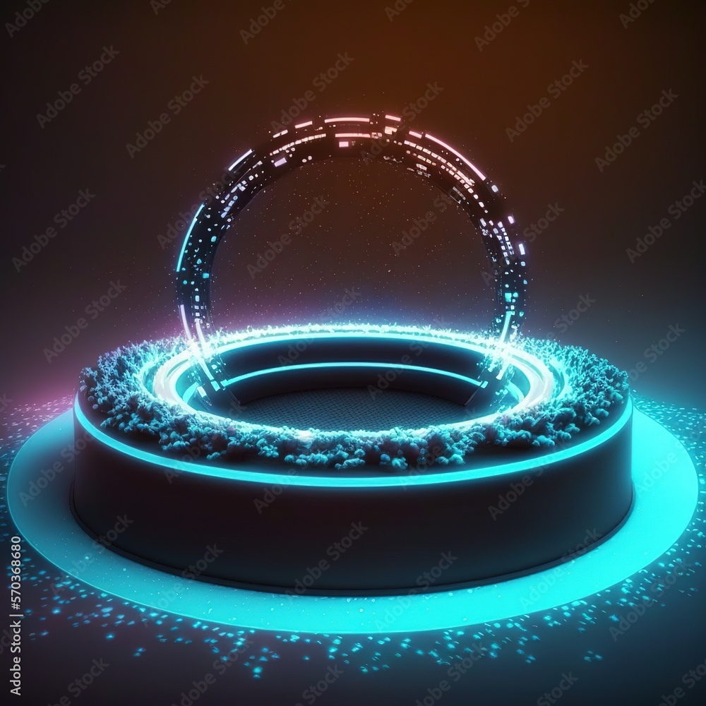 Technological podium of the future. Neon glowing ring on particle floor ...