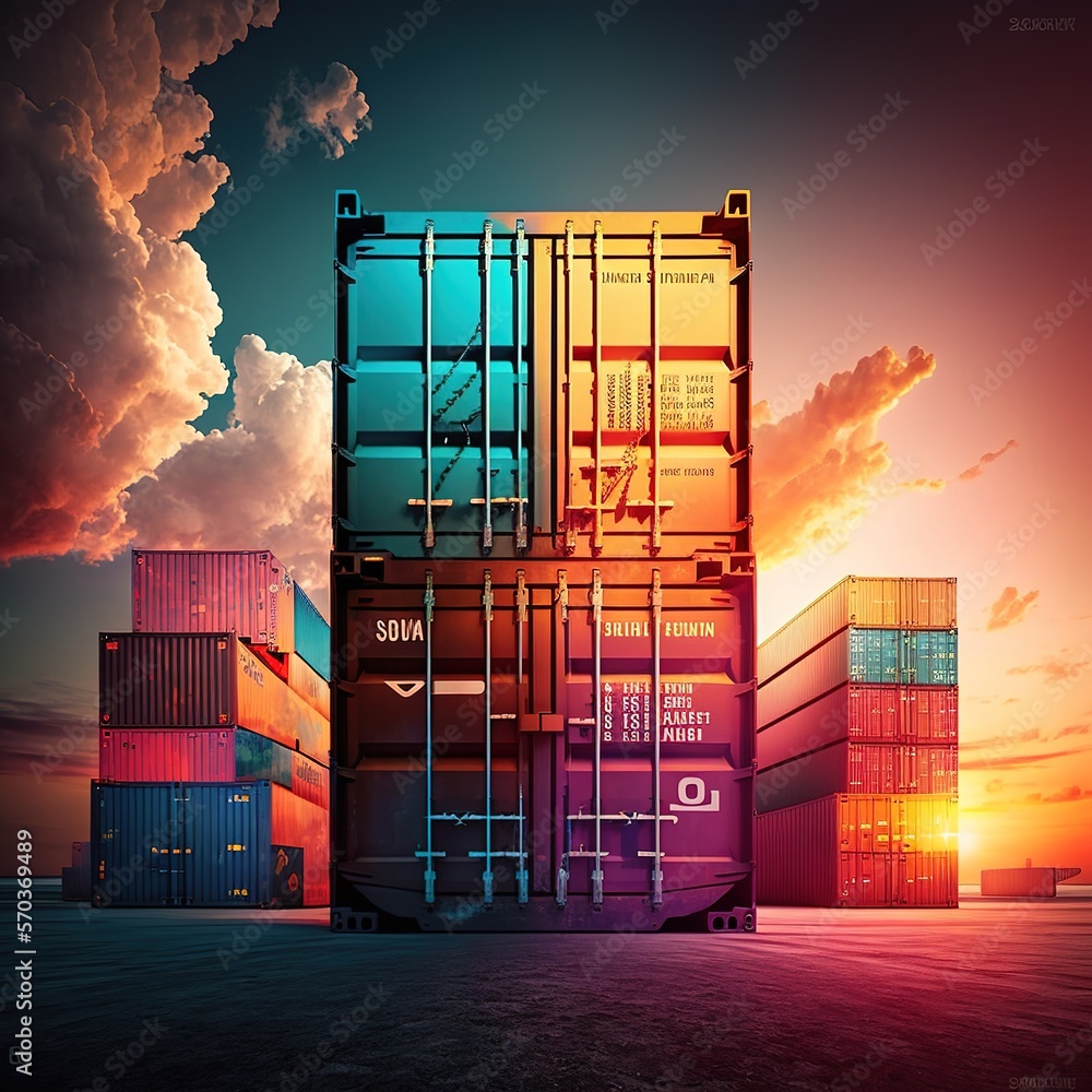 Container stacker crane lifting up stacking container box in yard ...