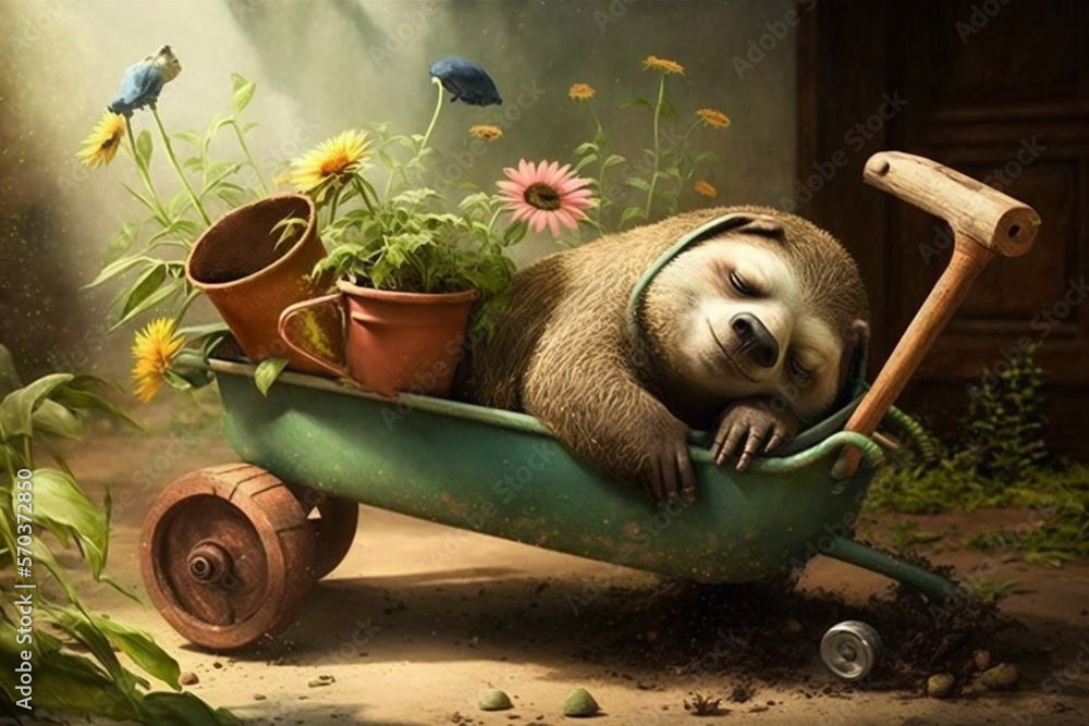 Exhausted and tired sloth fell asleep in a wheelbarrow while gardening ...
