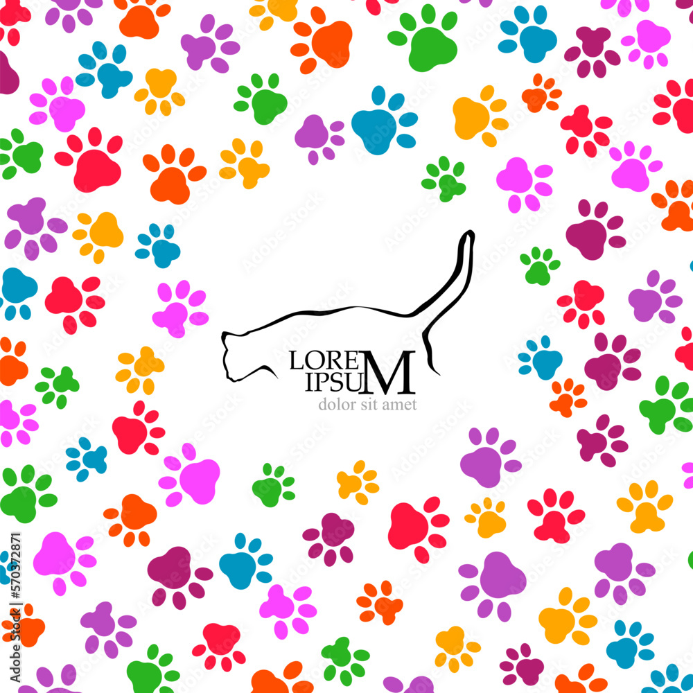 colored footprints of animals. Frame and silhouette of a cat. Vector ...