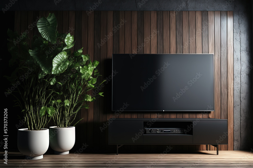 Model a wall mounted TV in a dimly lit space with a dark wood wall ...