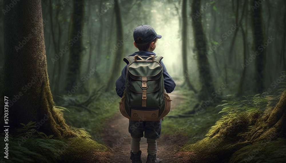 a little boy with a big backpack goes on a trip to the forest, created ...