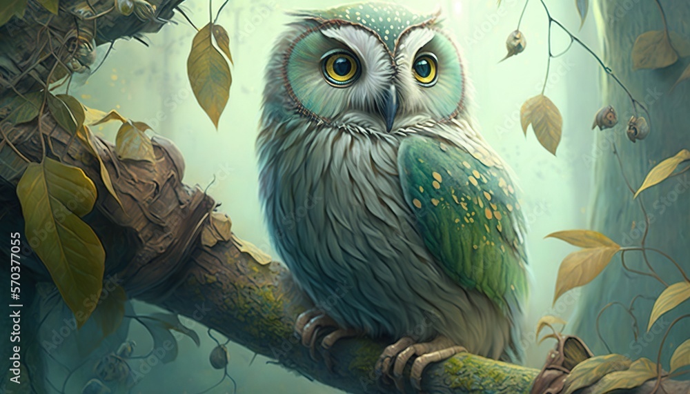 a painting of an owl sitting on a tree branch in a forest with lots of ...