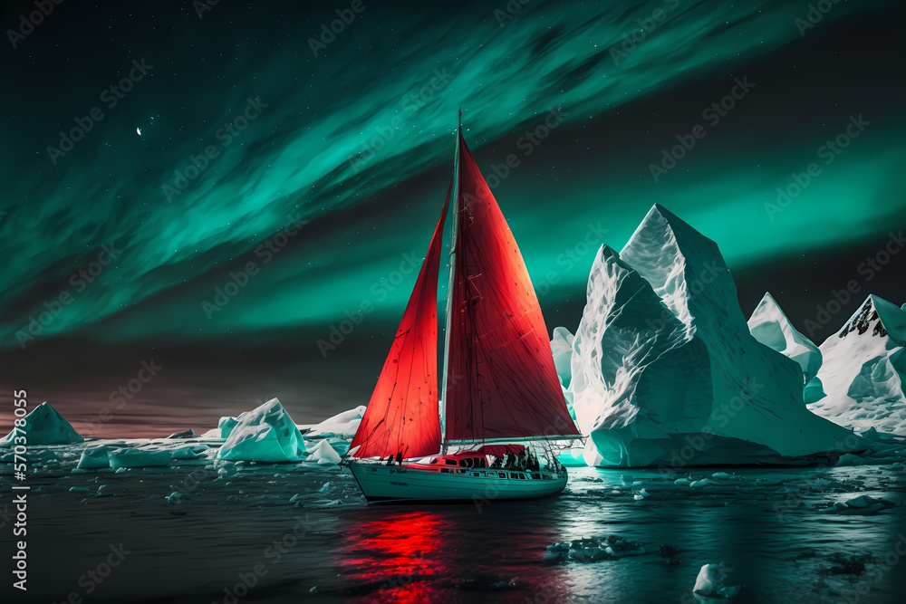 Expedition cruise on sailing yacht with red sail along ice frozen sea ...